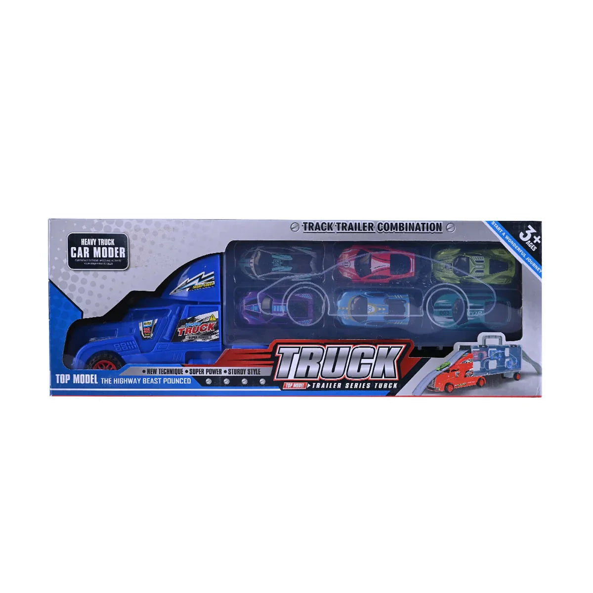 Die Cast Plastic Car Carrier Truck Toy And 6 Mini Cars Play Set - Blue ...